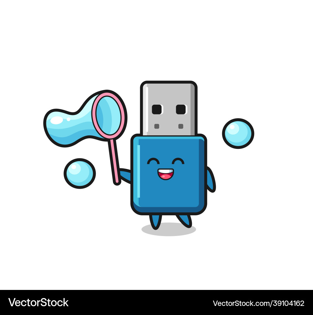 Happy flash drive usb cartoon playing soap bubble Vector Image