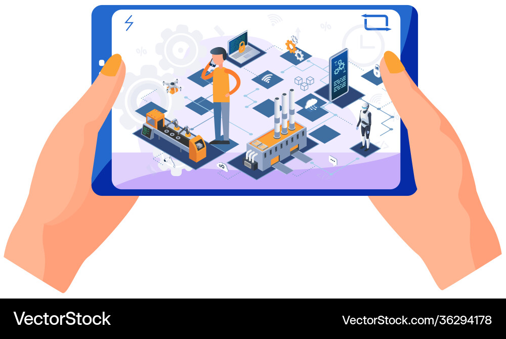 Human hands holding tablet with industry Vector Image