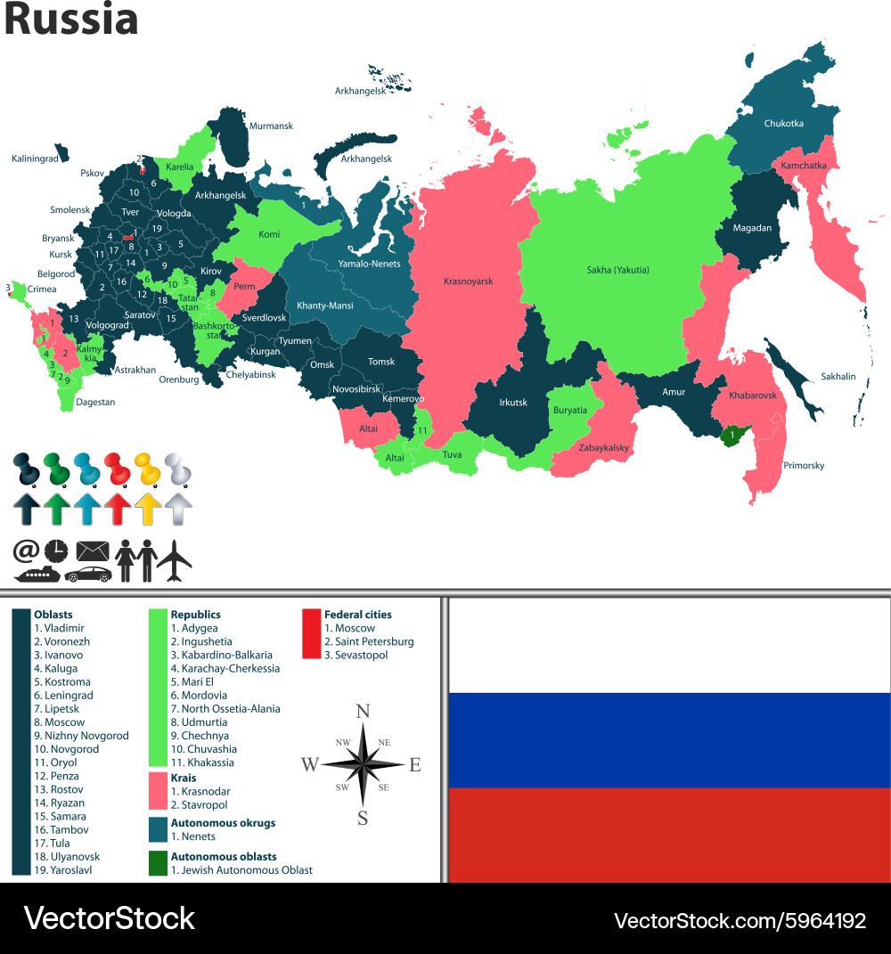 Russian map with named regions Royalty Free Vector Image