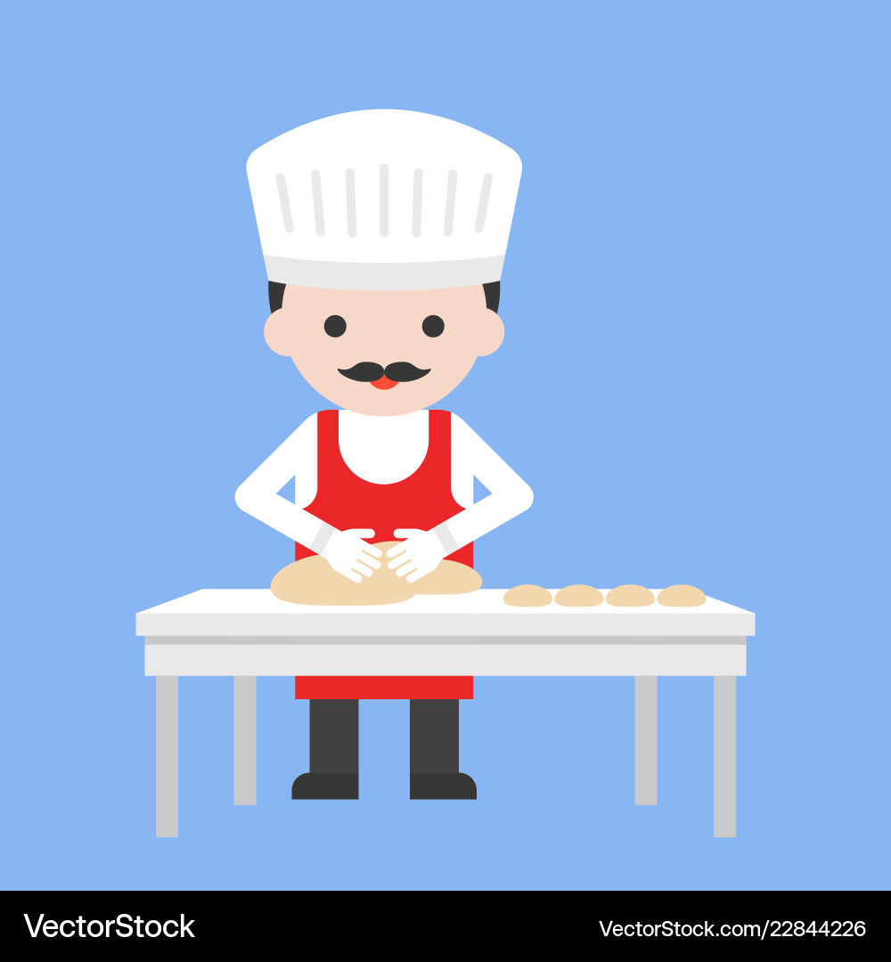 Cute pastry chef making bread dough from flour Vector Image