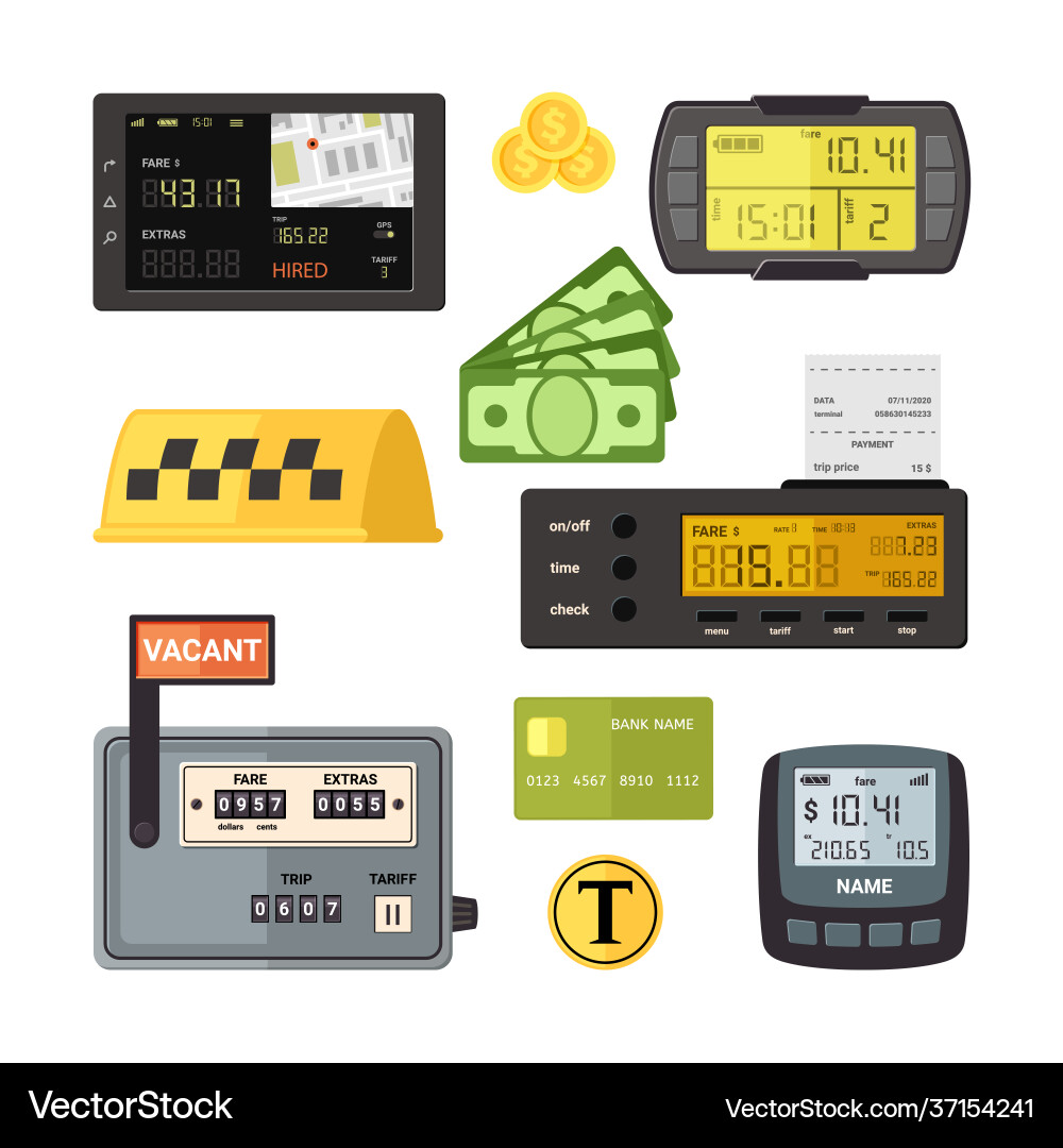 Digital and mechanical taximeters set counter Vector Image
