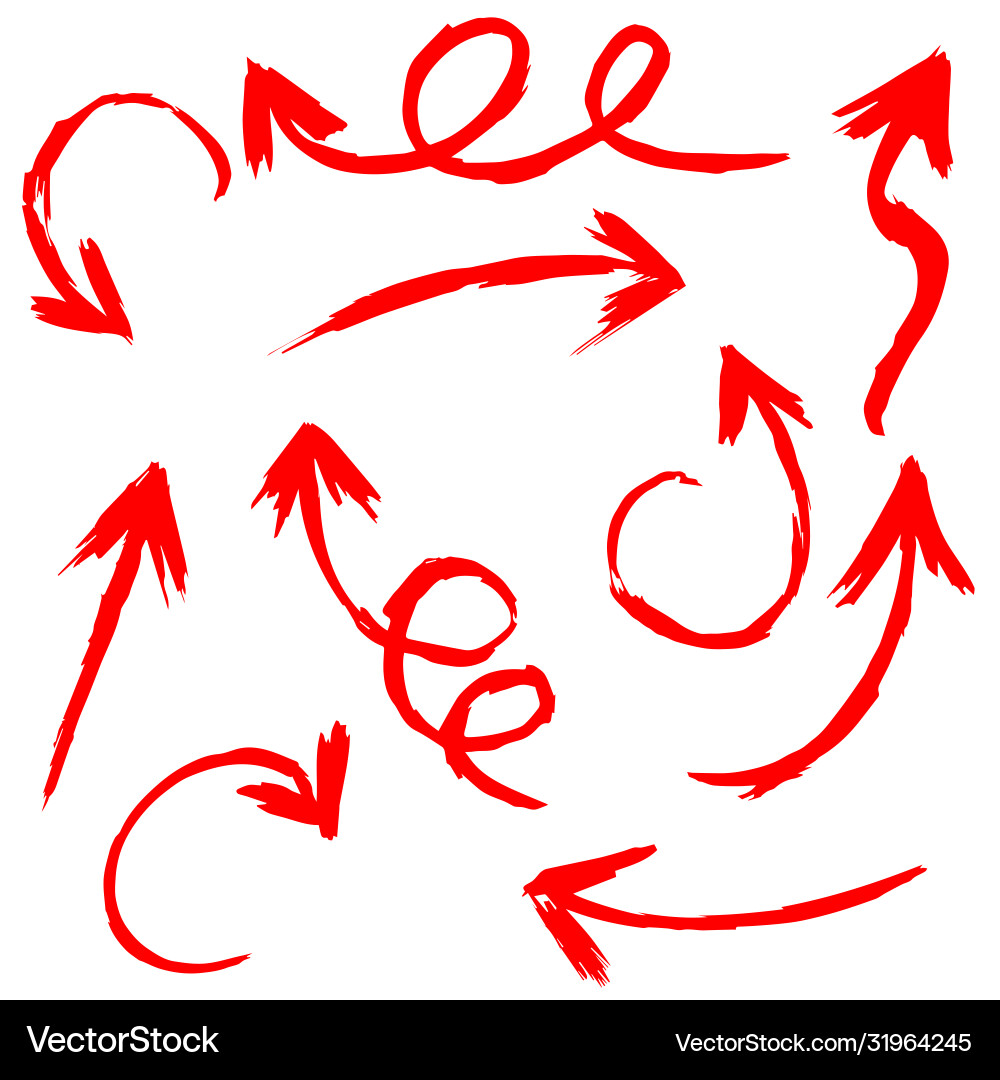 Set hand drawn red arrow lines isolated Royalty Free Vector