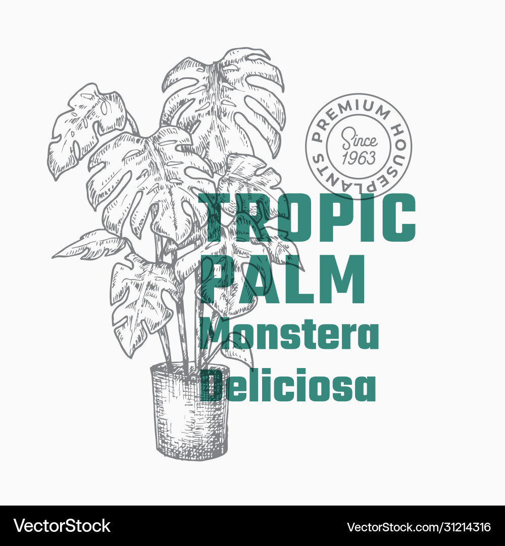 Monstera palm abstract sign or label Royalty Free Vector
