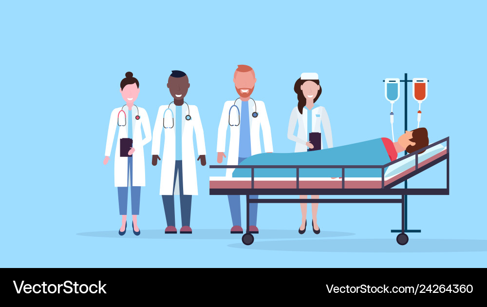 Mix race doctors team visiting patient man lying Vector Image