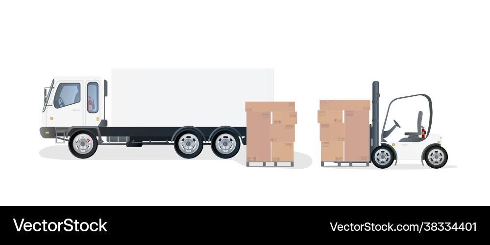 Lorry and pallet with cardboard boxes forklift Vector Image