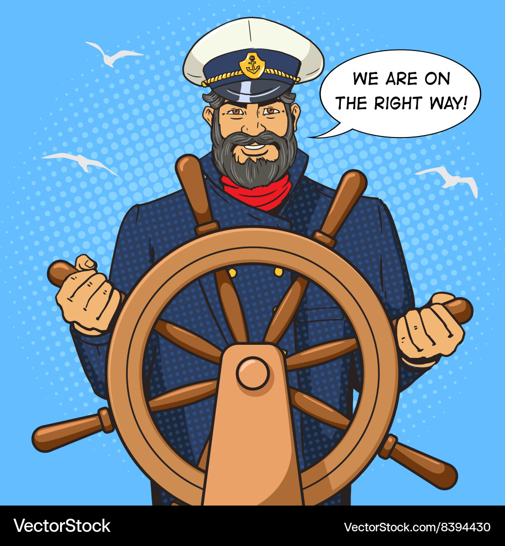 Captain and ship steering wheel pop art Royalty Free Vector