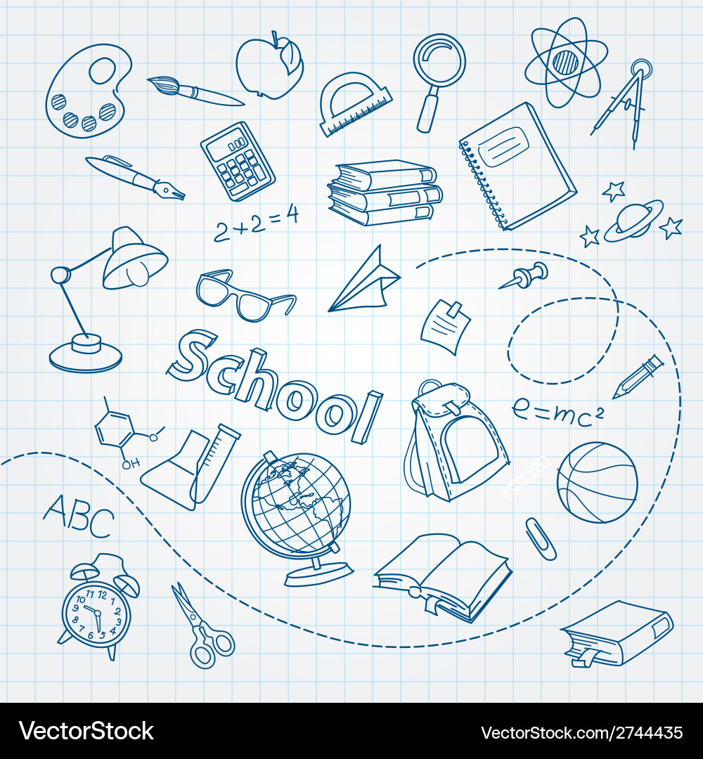 School doodle on notebook page background Vector Image