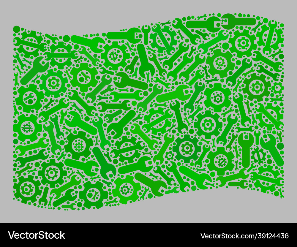 Waving system green flag - mosaic with cog Vector Image