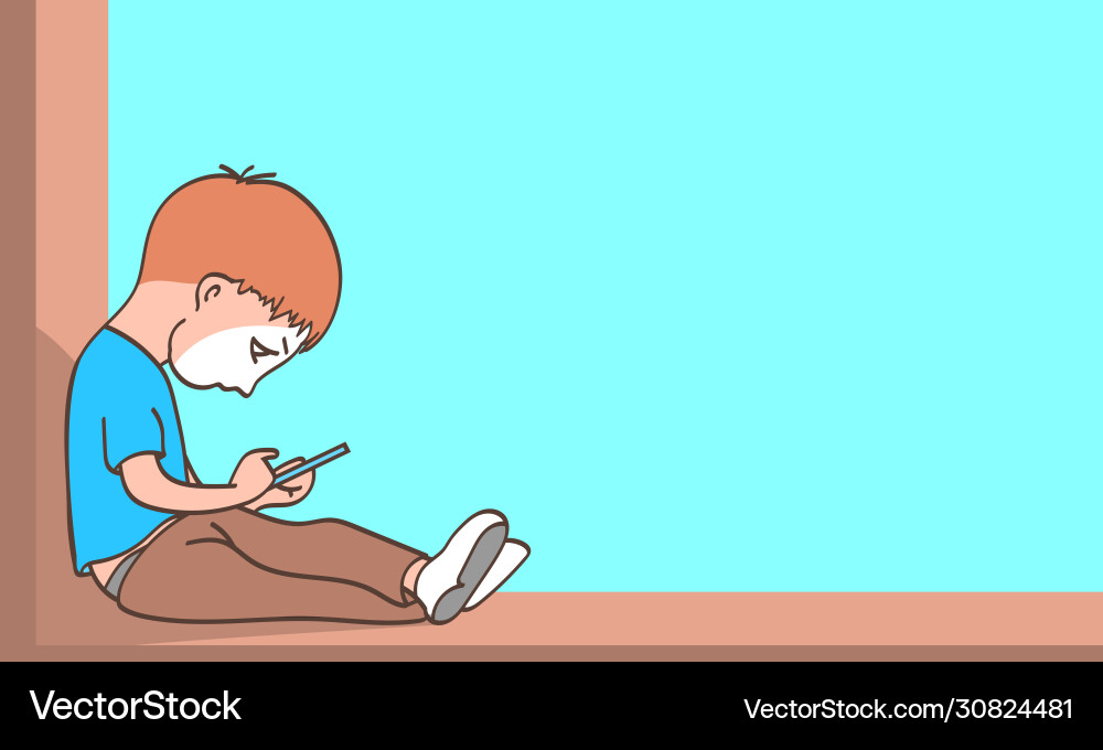 Boy is sitting alone at home with a smartphone Vector Image