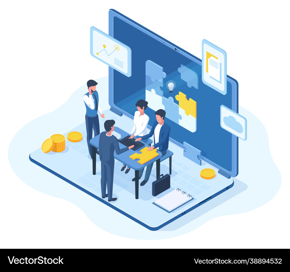 Isometric teamwork brainstorming team meeting 3d Vector Image