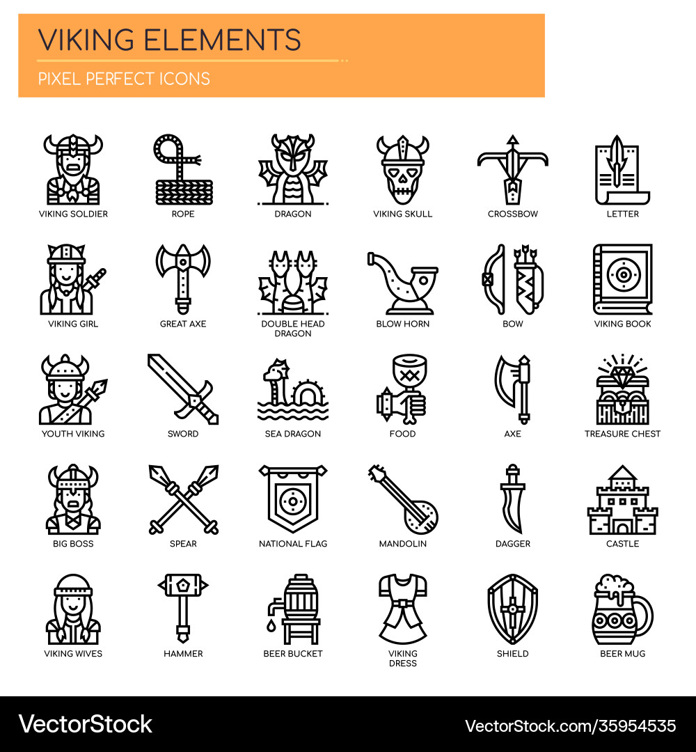 Viking elements thin line and pixel perfect icons Vector Image