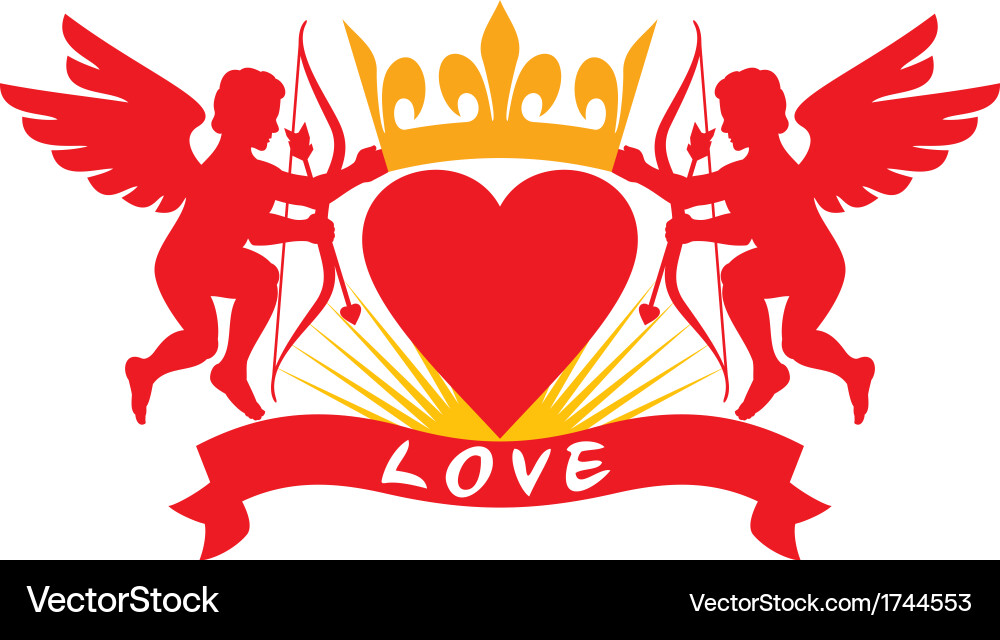 Two cupids heart and crown Royalty Free Vector Image