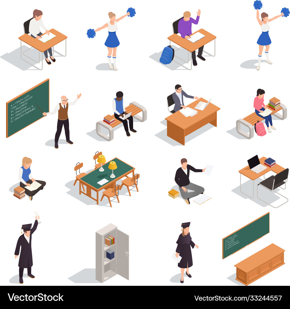 High school isometric icons set Royalty Free Vector Image