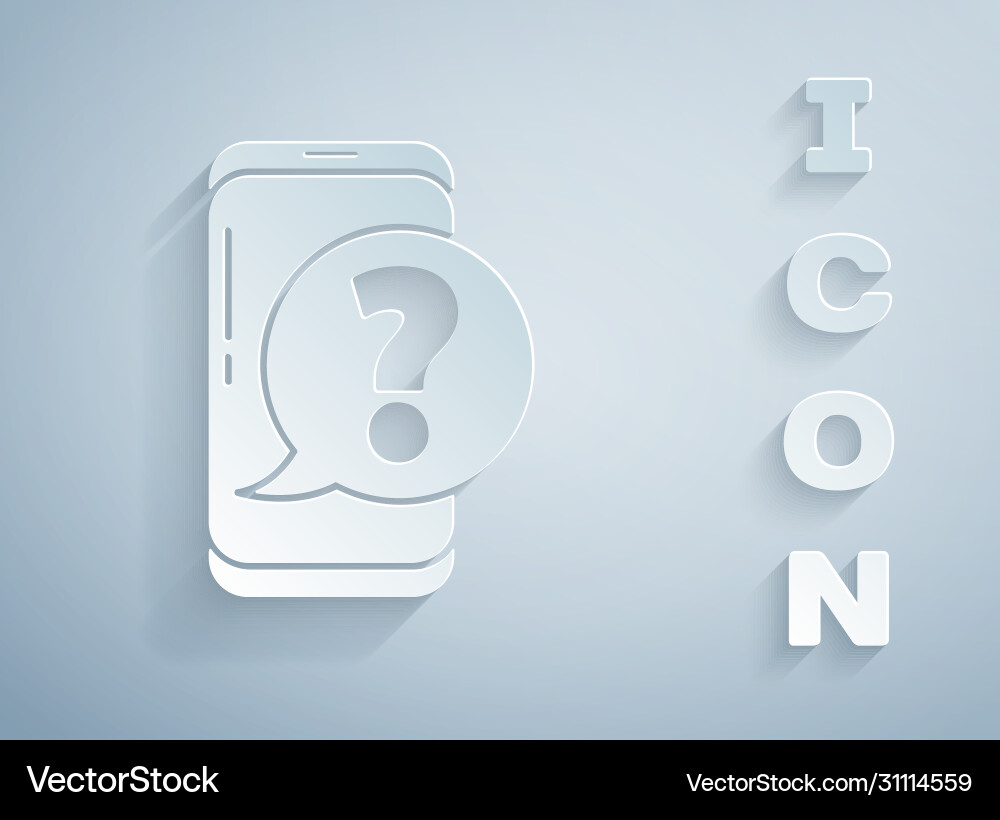 Paper cut mobile phone with question icon isolated