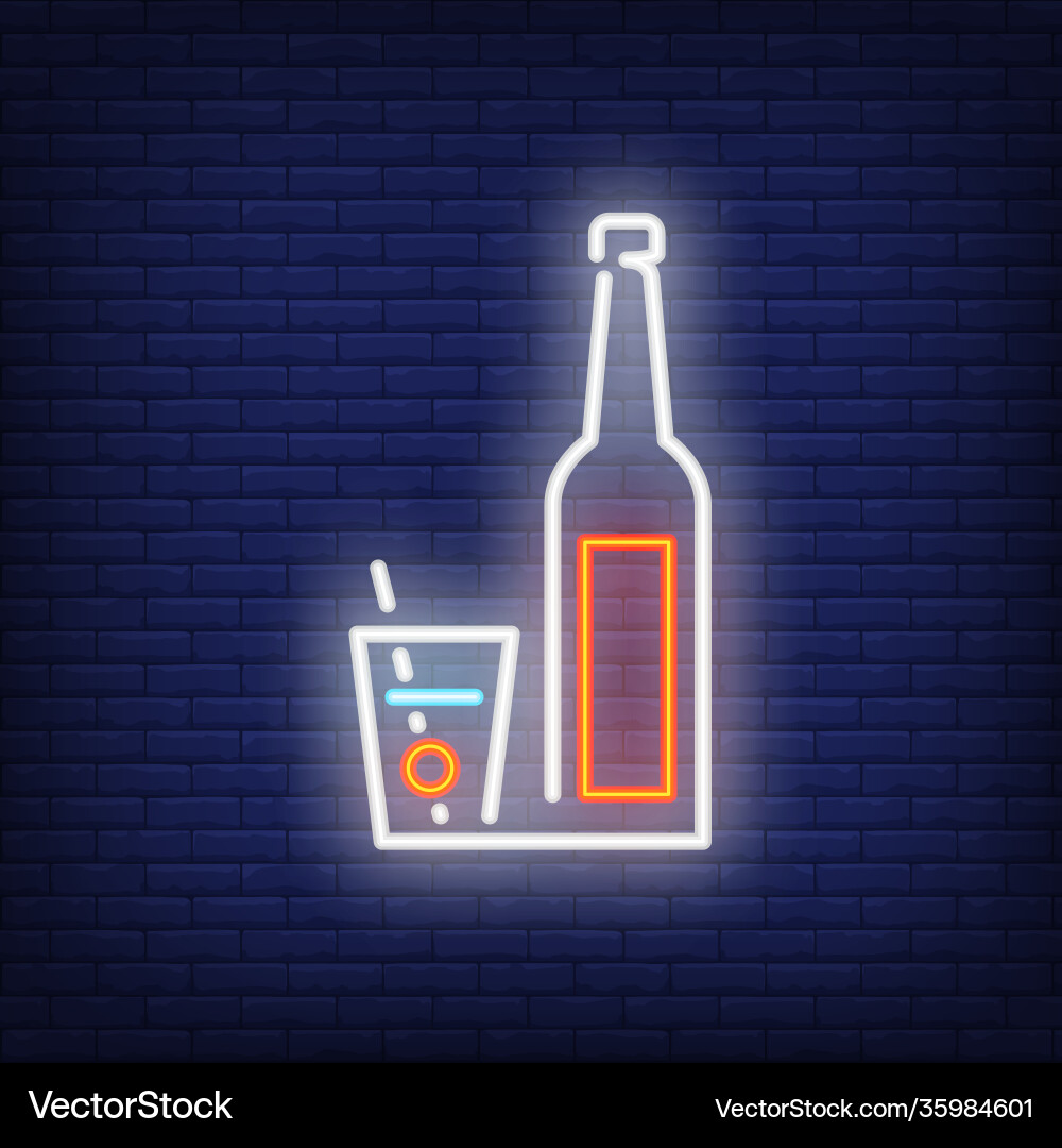 Neon icon cocktail glass and bottle Royalty Free Vector