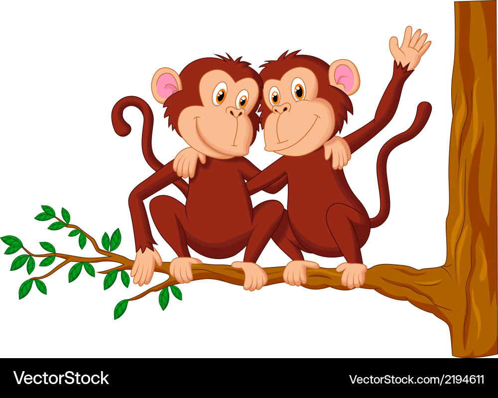 Two monkeys cartoon sitting on a tree Royalty Free Vector