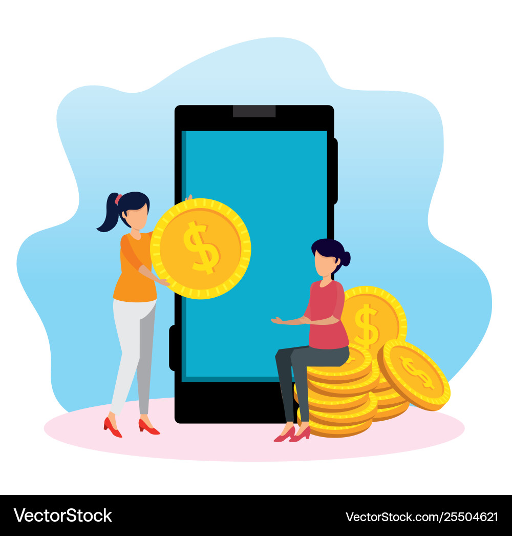 Women with coins and smartphone technology Vector Image