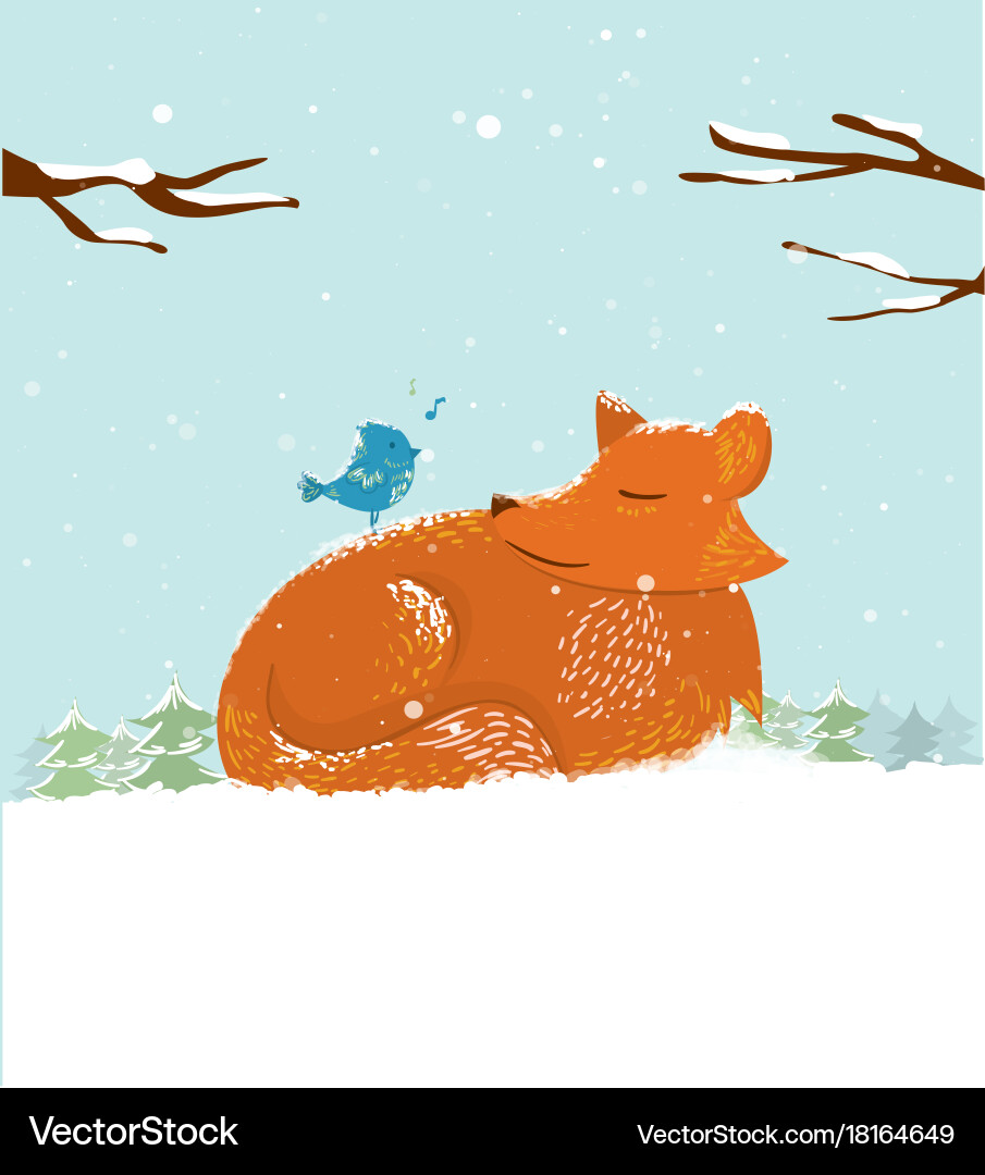 Cute cartoon fox in snow with bird Royalty Free Vector Image