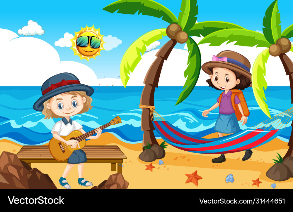 Ocean scene with people having fun on beach Vector Image