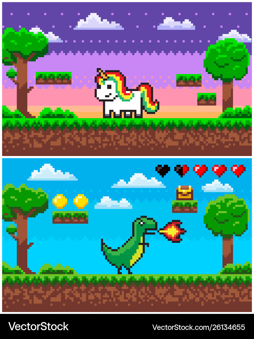 Dinosaur unicorn pixel game pixelated graphics Vector Image