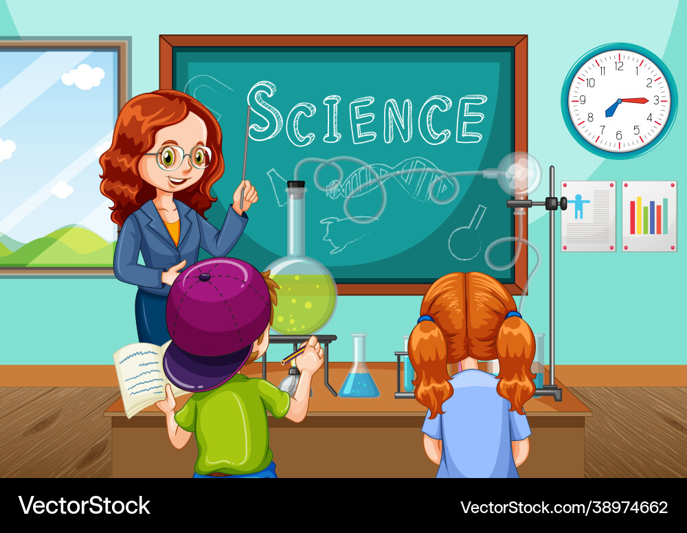 Teacher explaining science experiment to students Vector Image