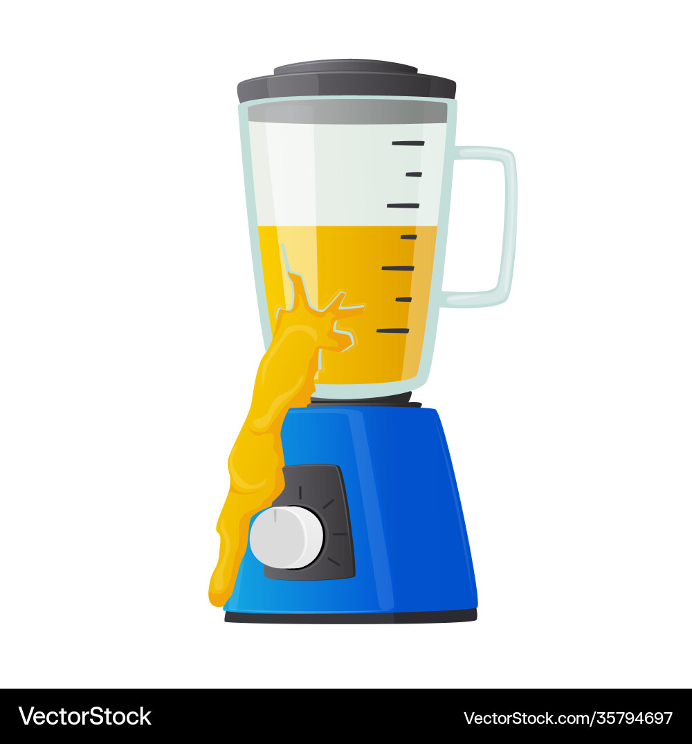 Broken blender with yellow liquid pouring out Vector Image