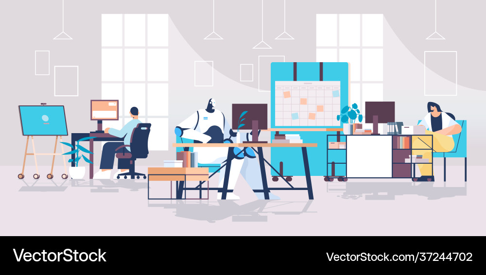 Businesspeople and robot working on computers Vector Image