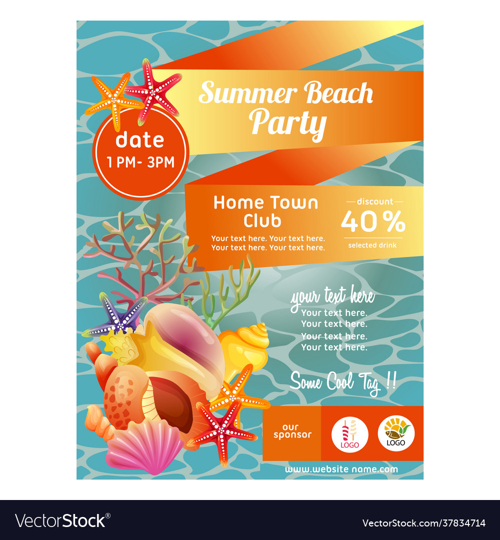 Colorful summer beach party poster with sea shell Vector Image