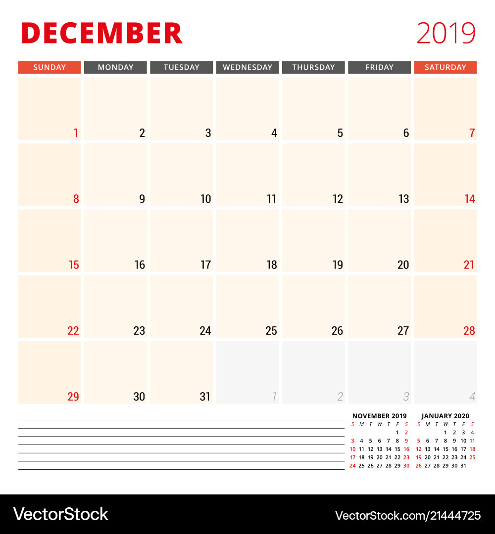 Calendar planner template for december 2019 week Vector Image