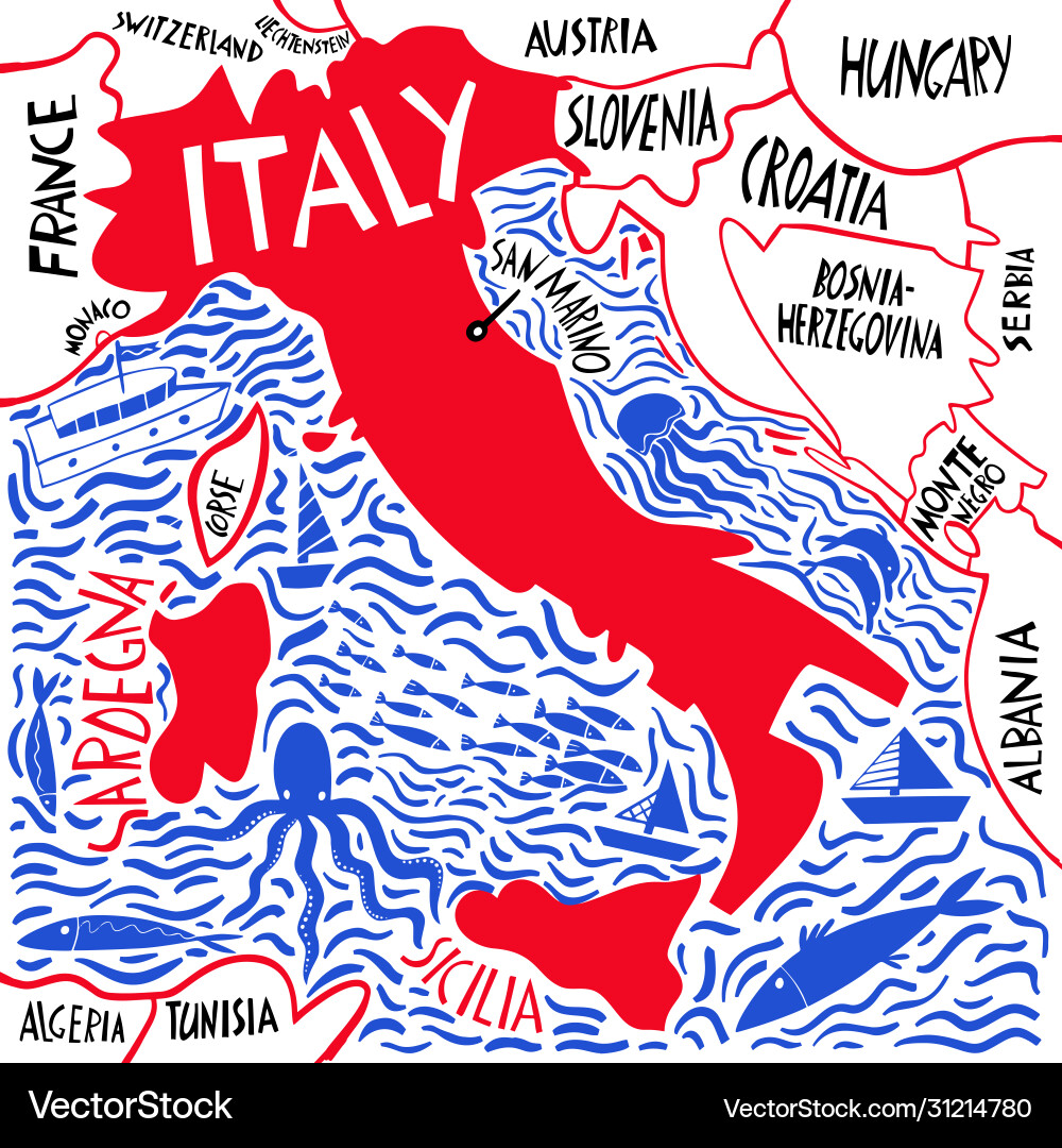 Hand drawn stylized map italy travel Royalty Free Vector