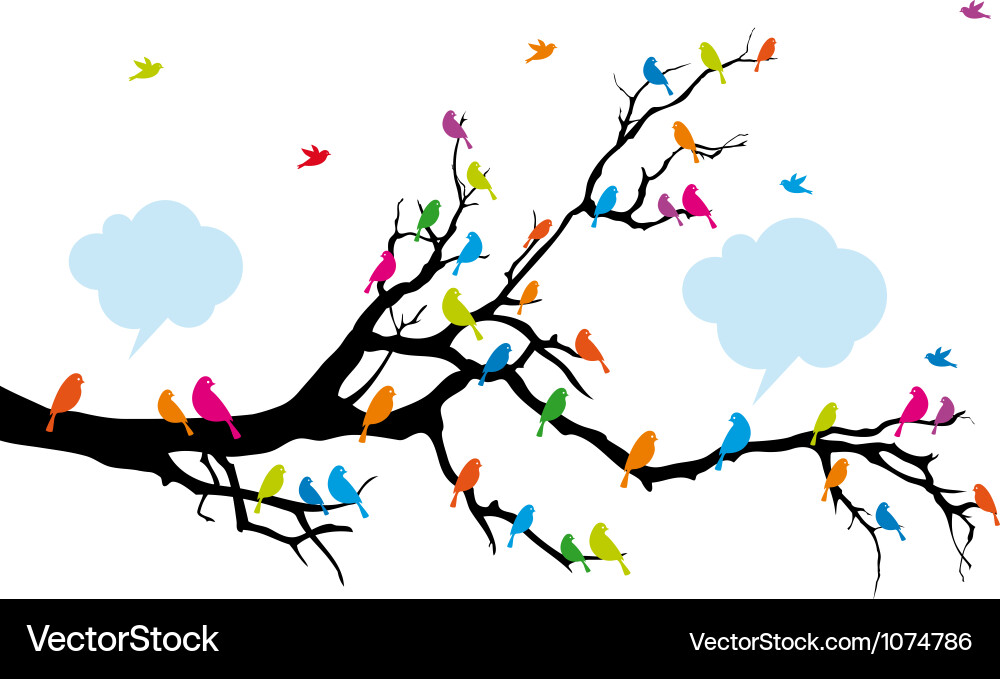 Colorful birds sitting on tree branch Royalty Free Vector