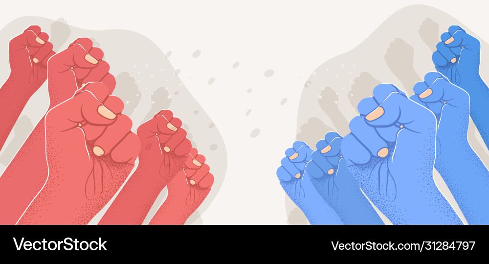Group raised red arms against blue Royalty Free Vector Image