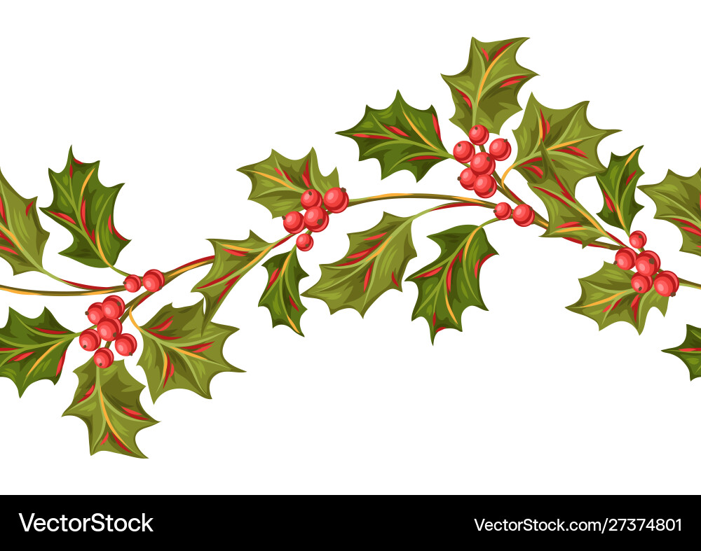 Seamless pattern with holly branches and berries Vector Image