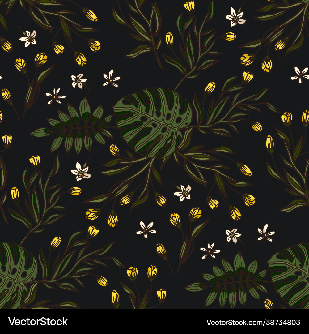 Tropical yellow flower seamless pattern on a black