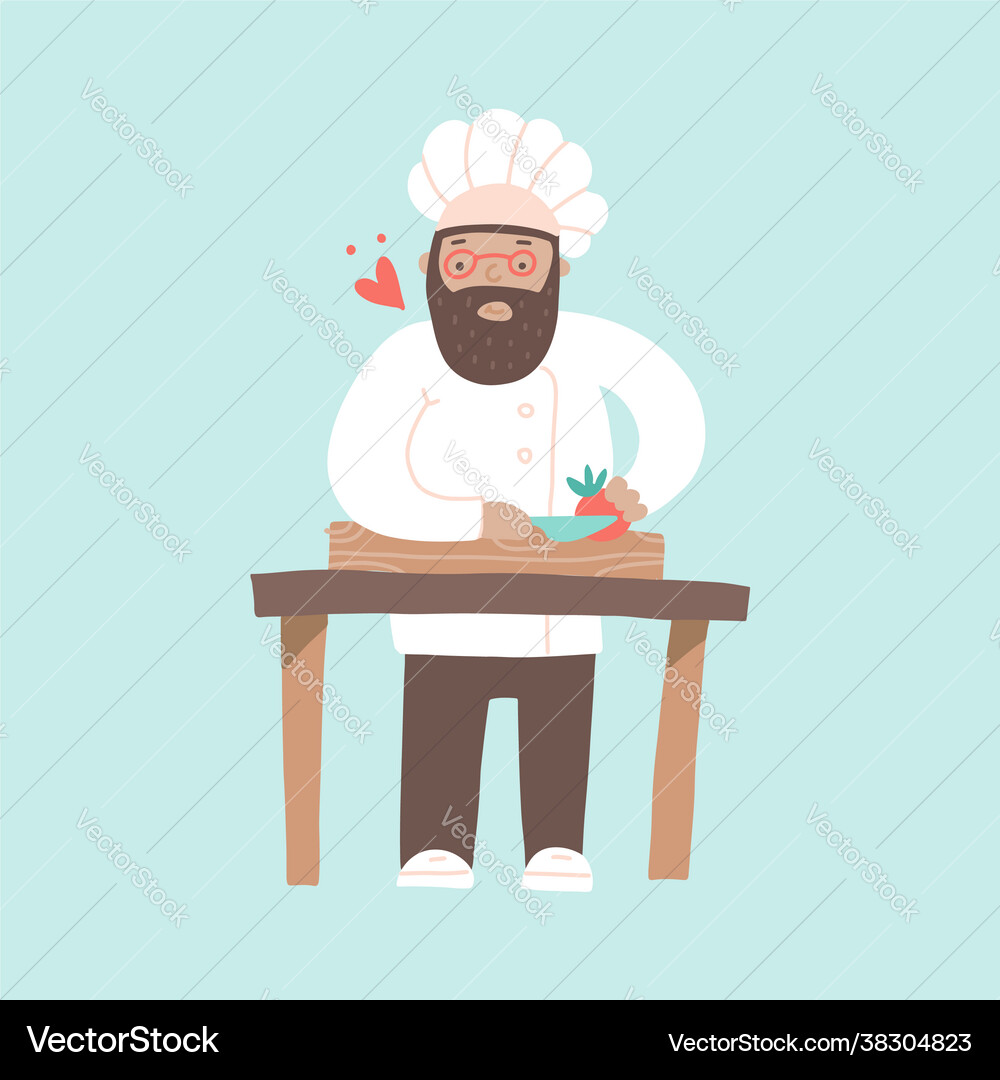 Smiling chef cuting vegetables with a knife Vector Image
