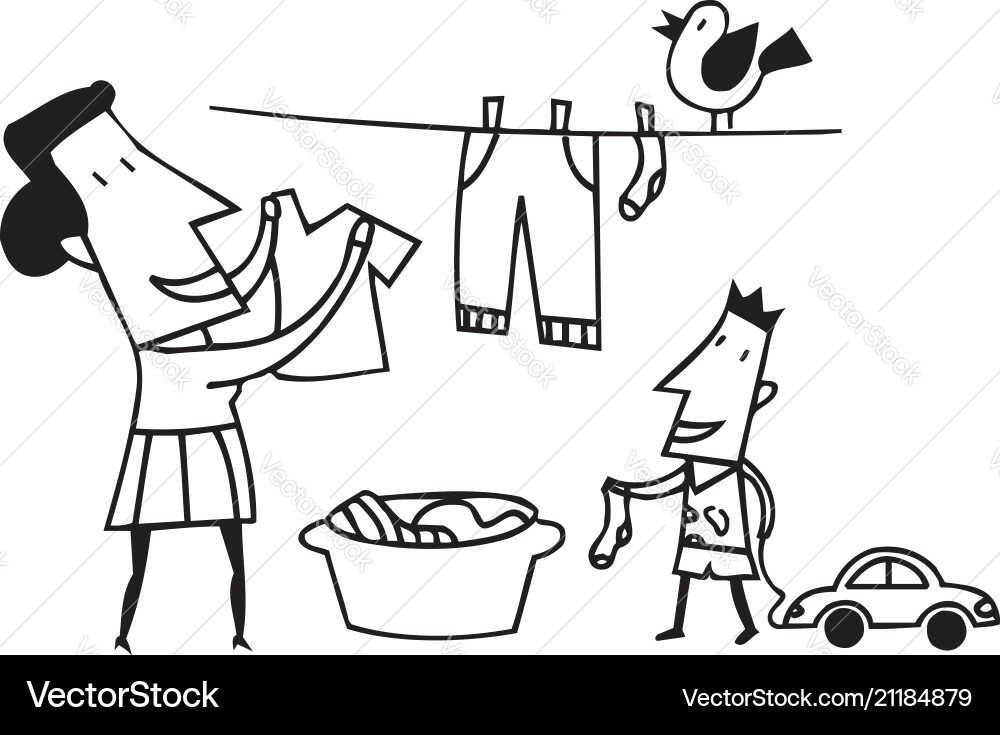 Mom clothes drying outlined cartoon hand drawn Vector Image