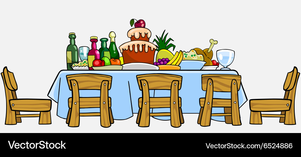 Cartoon table with chairs and cluttered food Vector Image
