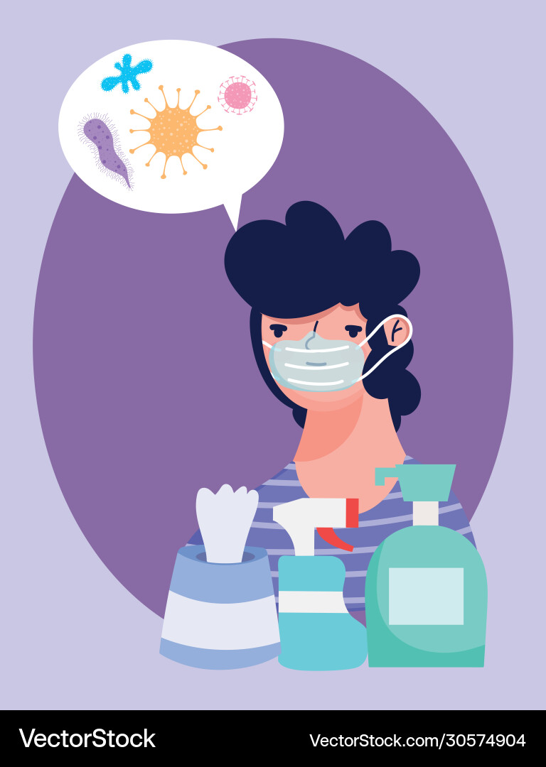 Man with protective mask and cleaning products Vector Image