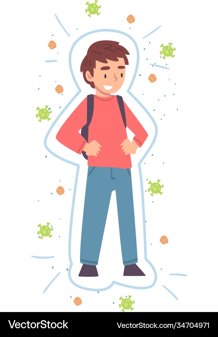 Healthy smiling boy reflecting bacteria Royalty Free Vector