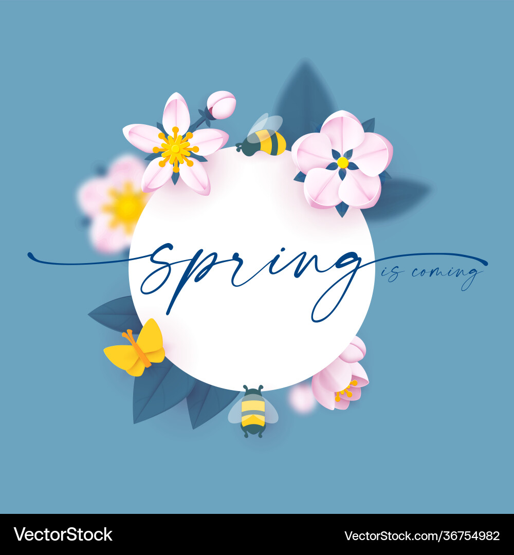 Spring circle banner with soft flowers bees Vector Image