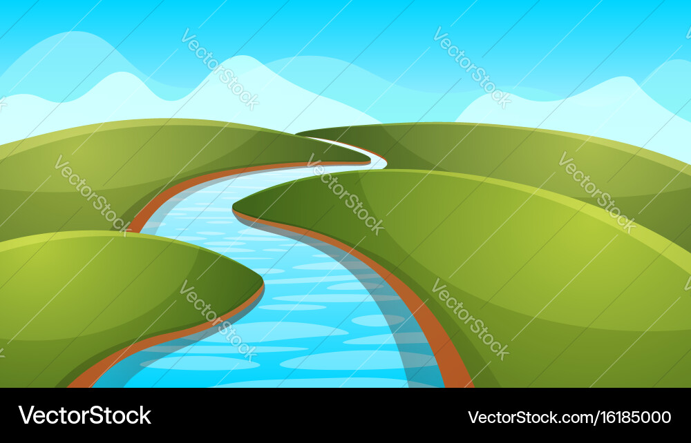 Landscape cartoon river sun hill Royalty Free Vector Image