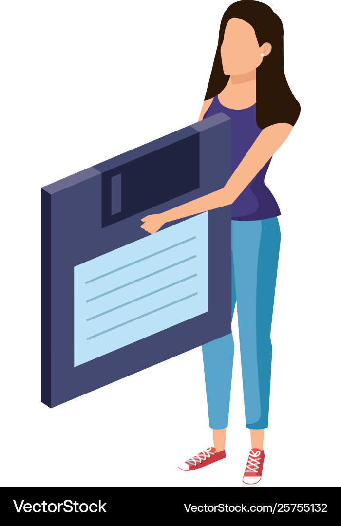 Young woman lifting floppy disk data storage Vector Image