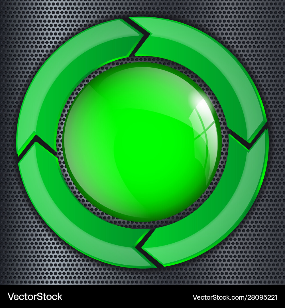 Green glass 3d button on metal perforated Vector Image
