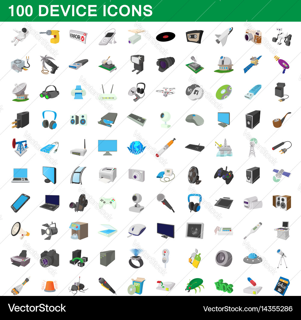 100 device icons set cartoon style Royalty Free Vector Image
