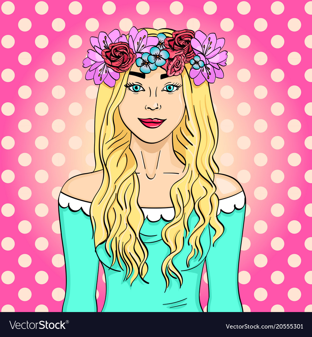 Pop art beautiful and young girl blonde wreath Vector Image