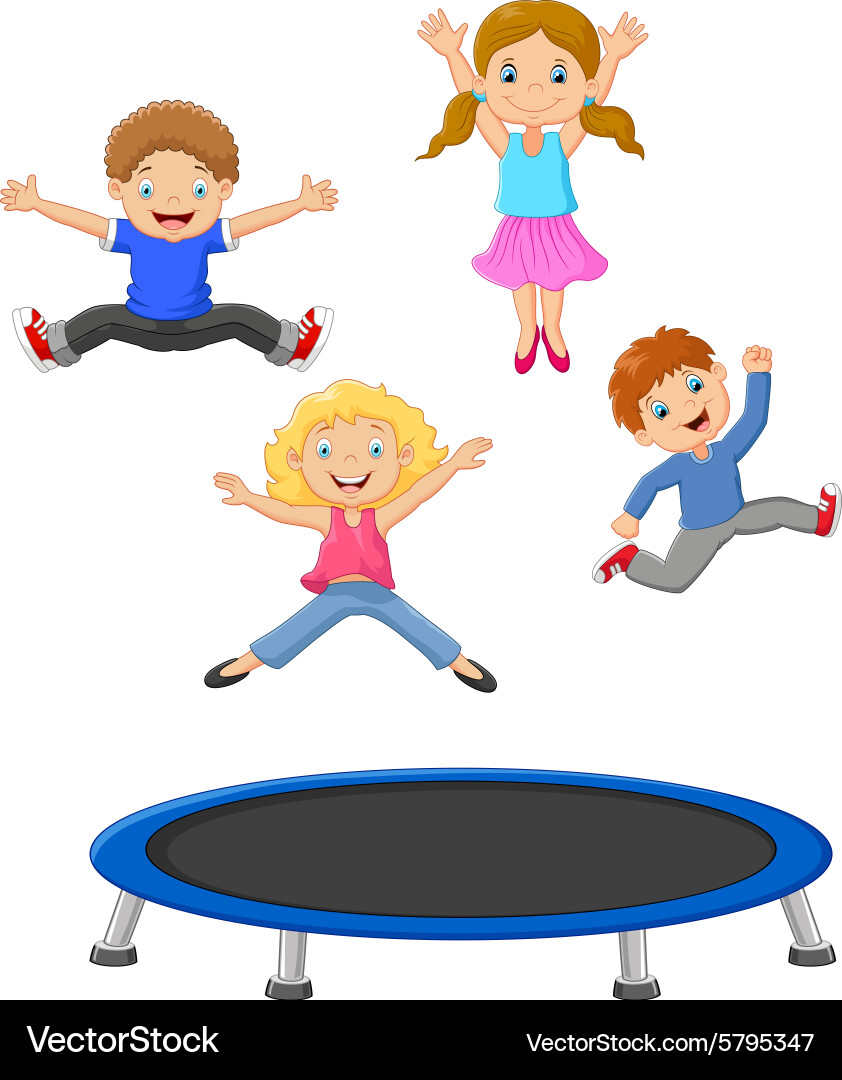 Cartoon little kid playing trampoline Royalty Free Vector