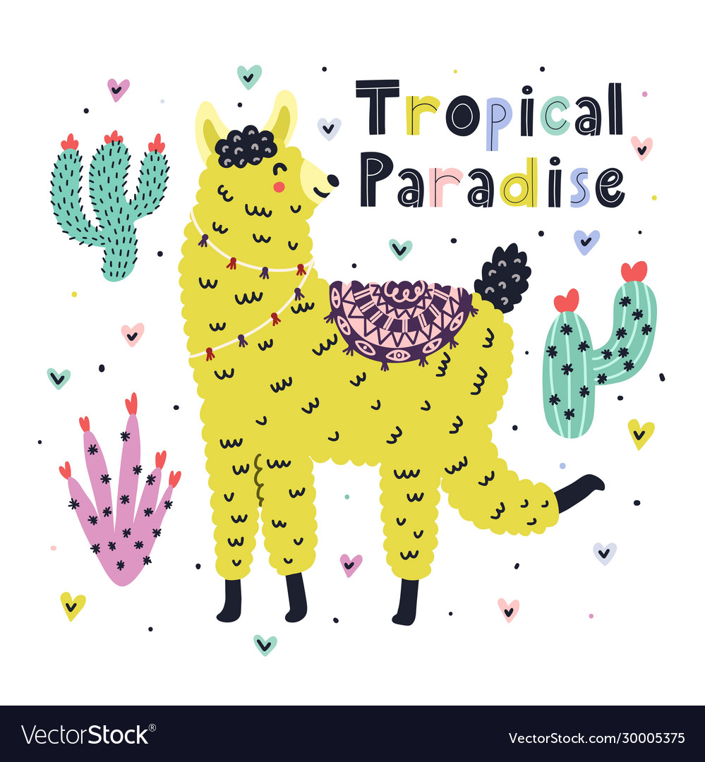 Tropical paradise card with a cute llama summer Vector Image