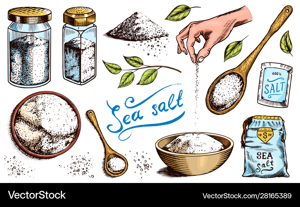 Sea salt set glass bottles packaging Royalty Free Vector