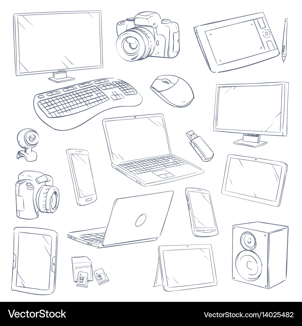 Hand drawn sketch computer technology gadgets Vector Image