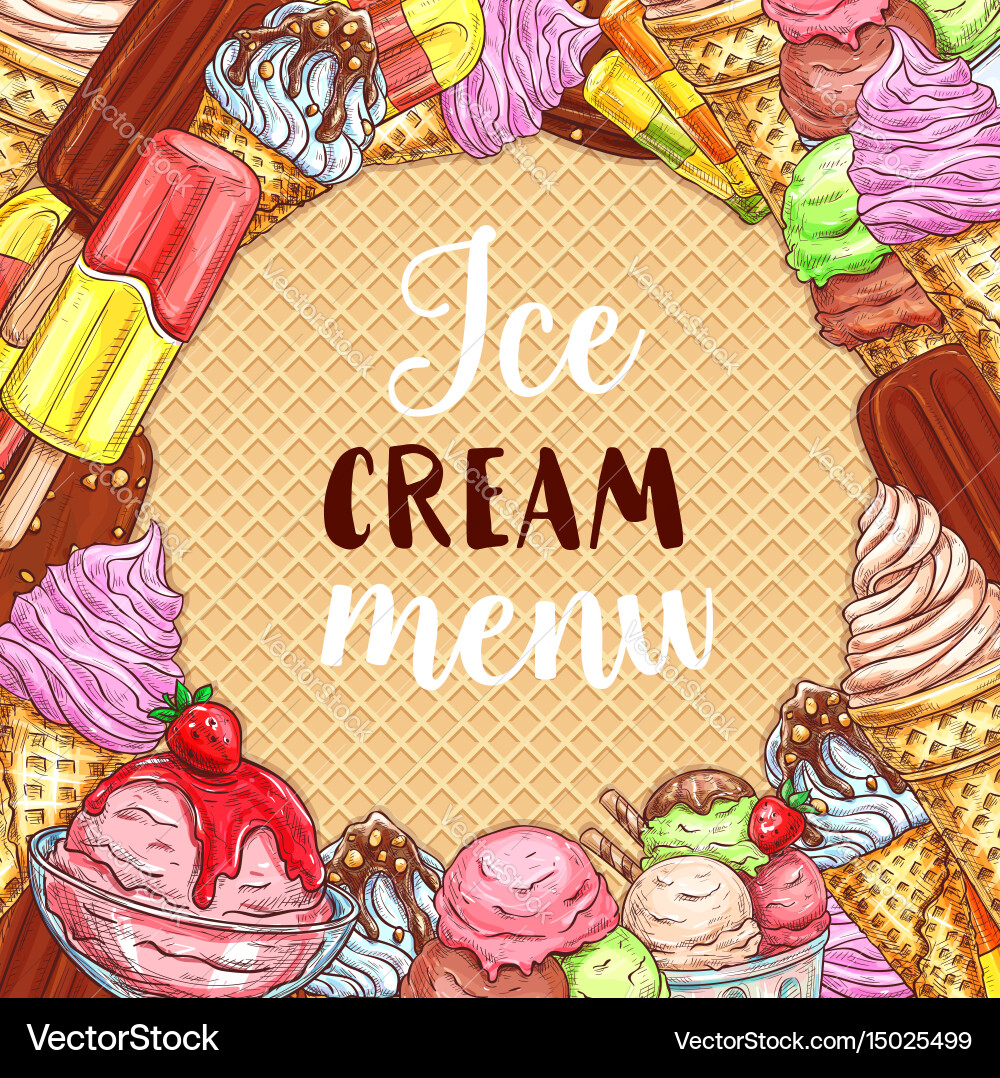Ice cream menu sketch poster on waffle texture Vector Image
